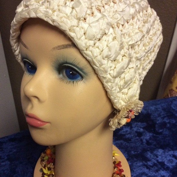 Vintage | Accessories | Vintage Raffia Crochet Ivory Spring Summer Hat ...